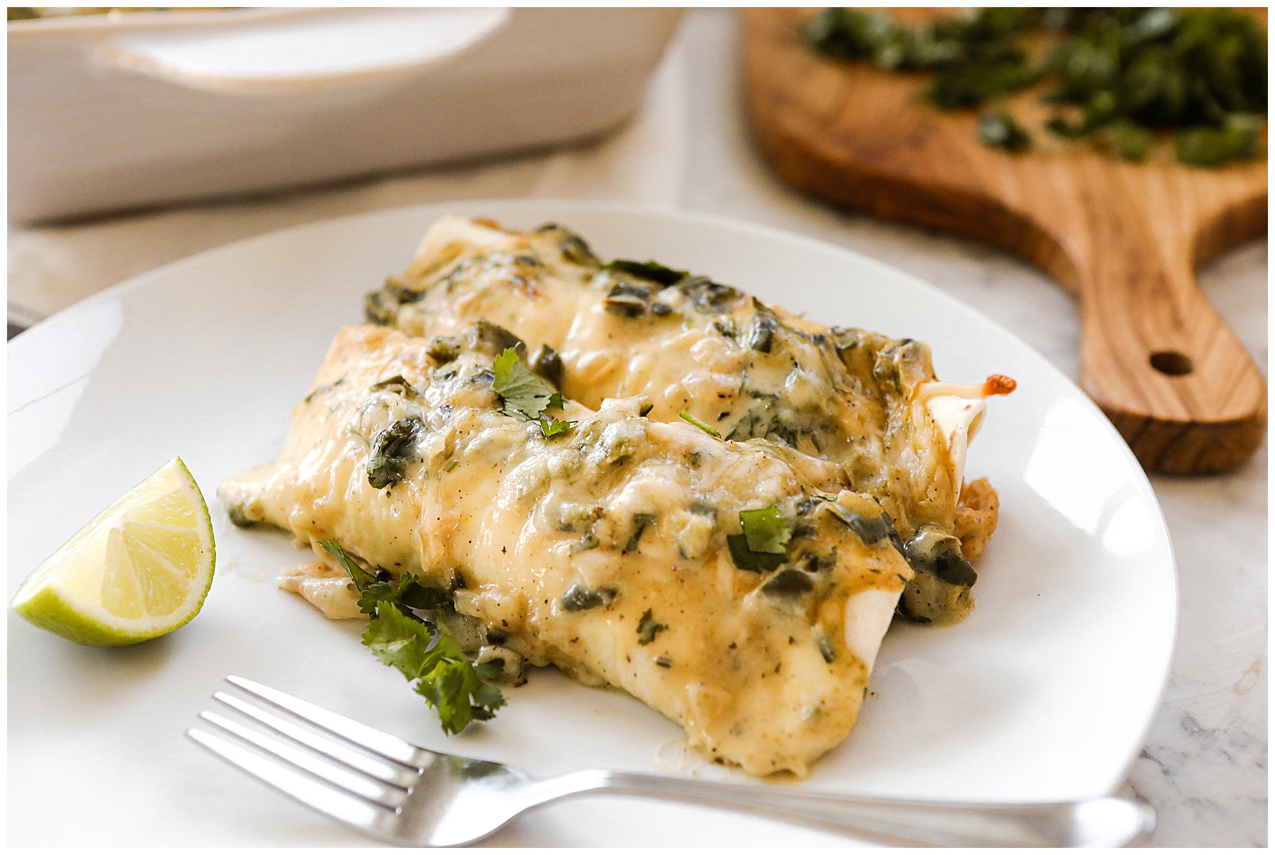 Creamy Poblano Cheesy Chicken Enchiladas